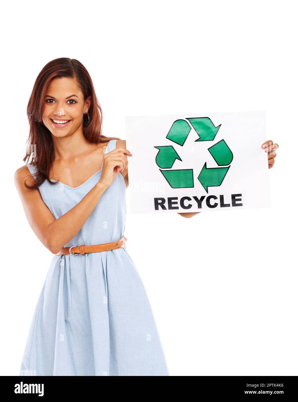 Keeping our world clean - Recycle. Smiling young woman showing you a ...
