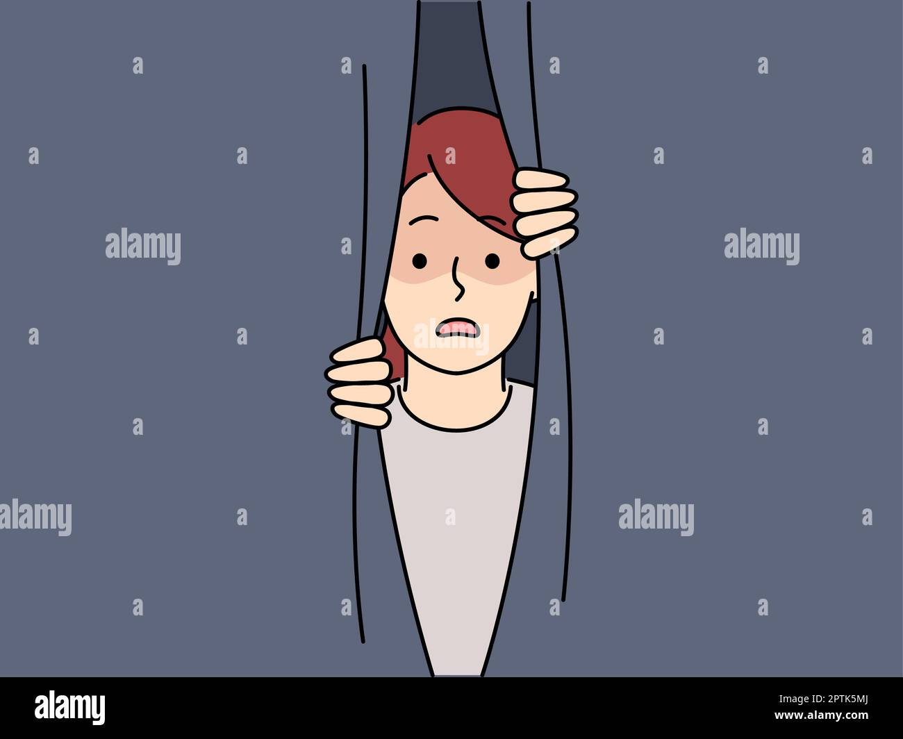 Scared Girl Peeping From Behind Curtain Terrified Young Woman Hide