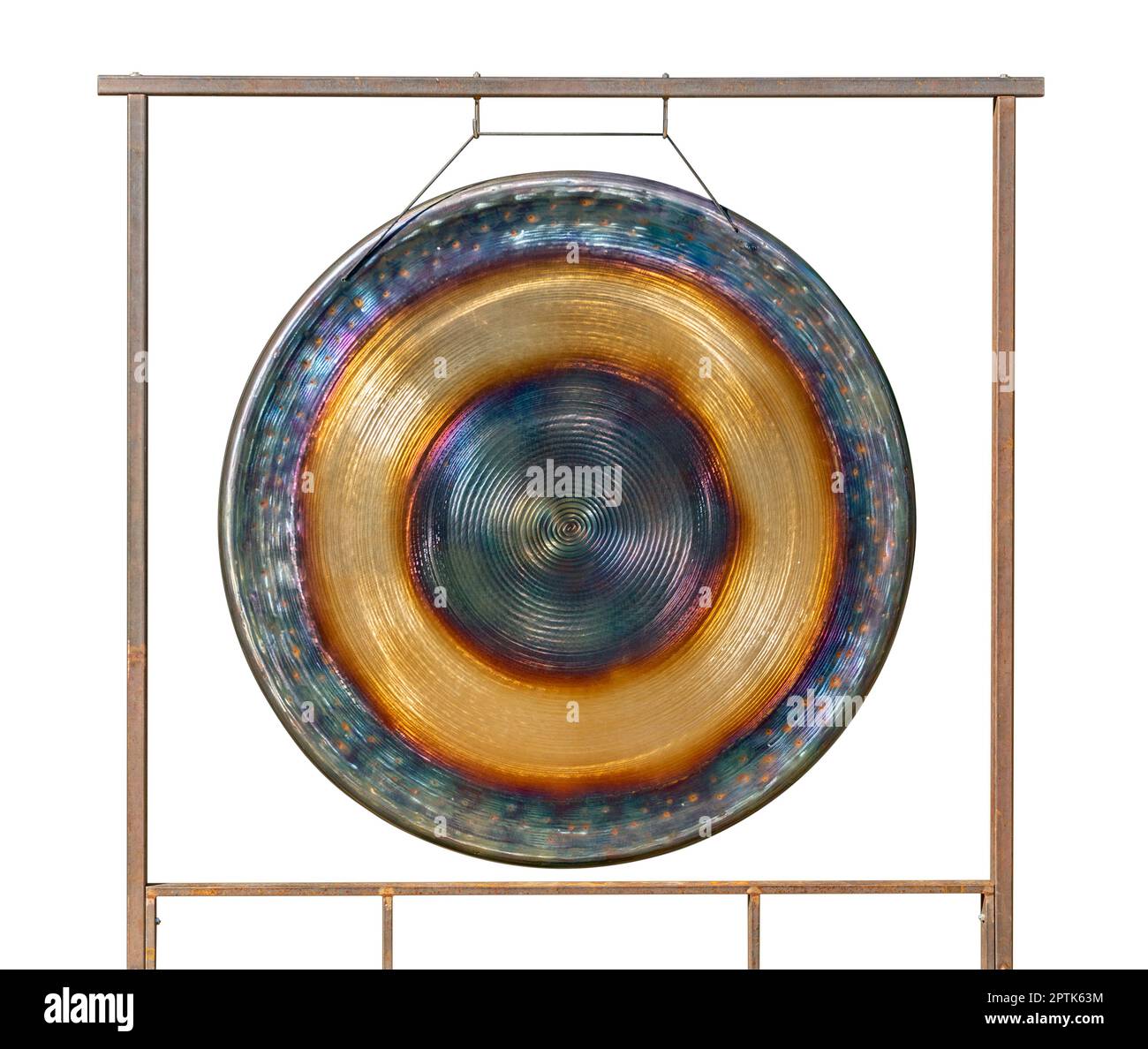 Colorful metallic gong hanging in a frame isolated in white back Stock ...
