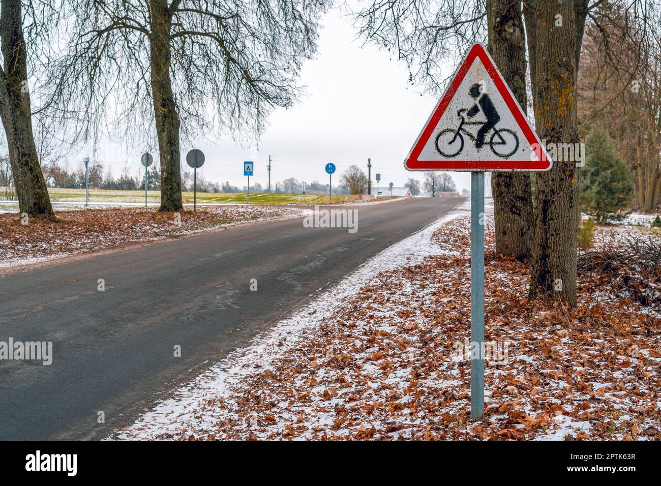 Warning symbol in a red triangle. Bicycle traffic sign.Cycle route ...
