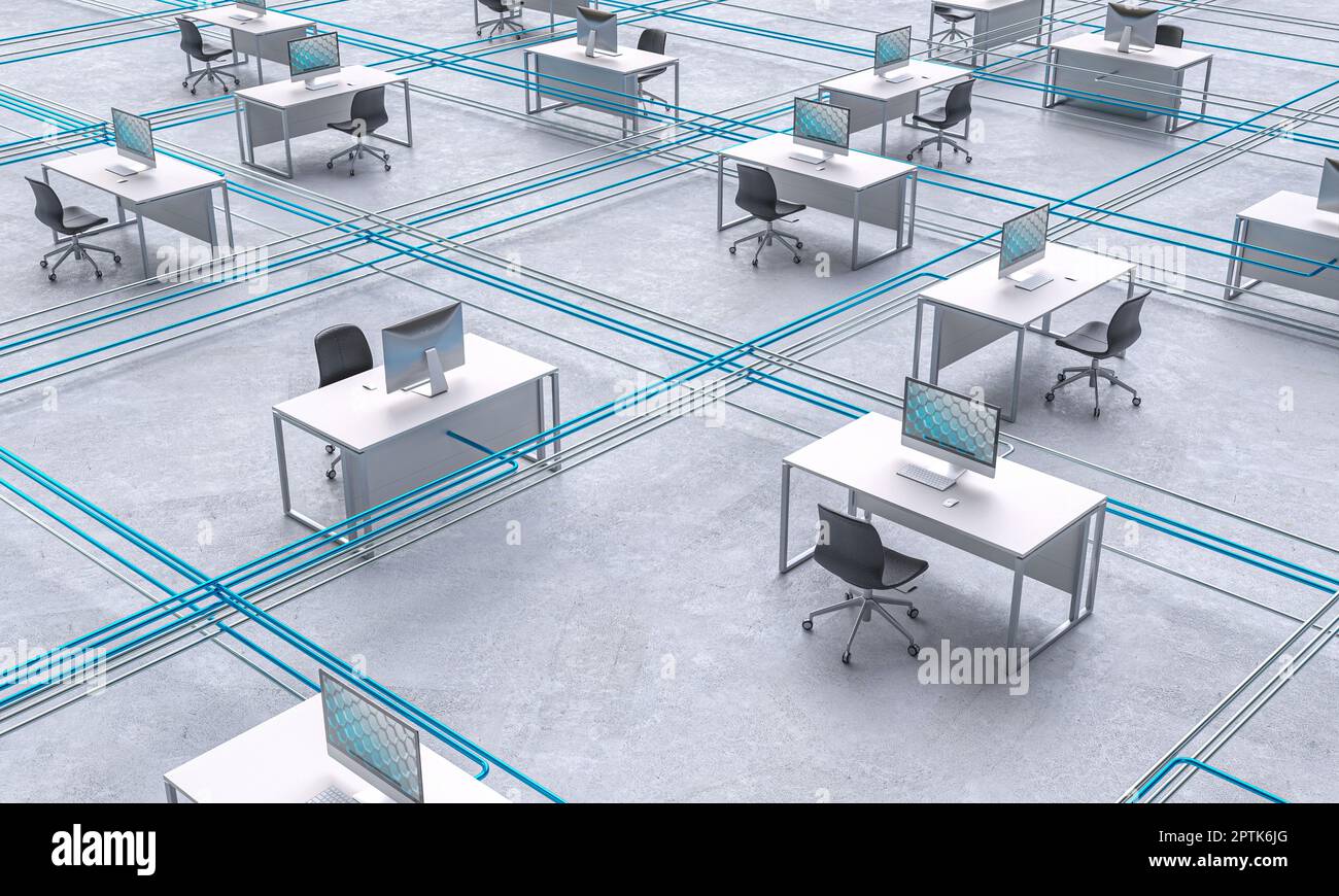 office workstations divided into sectors with ethernet cables. 3d ...
