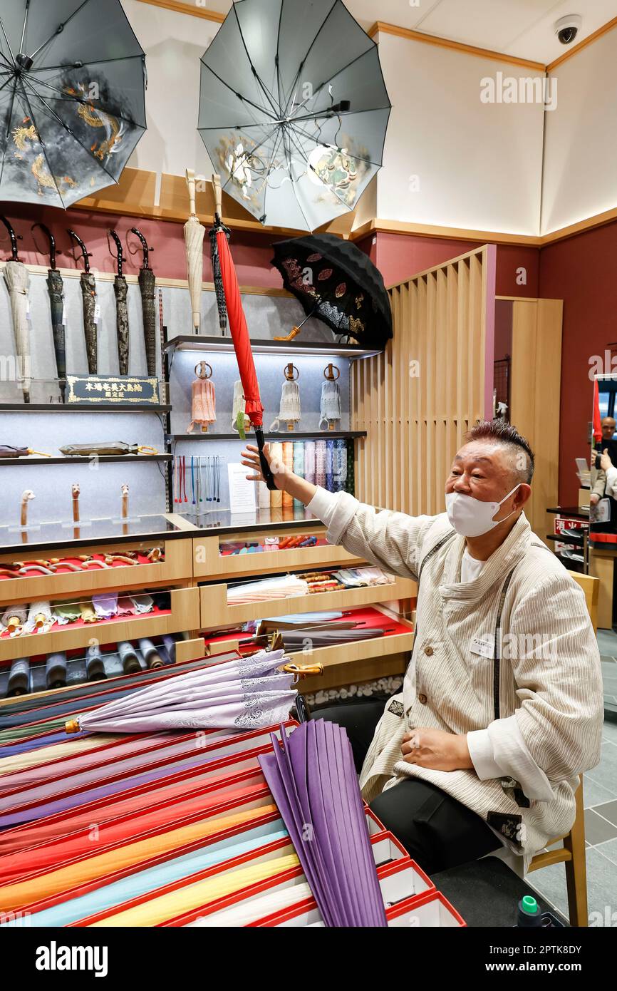 April 26, 2023, Tokyo, Japan: A Japanese umbrella maker is seen at his ...