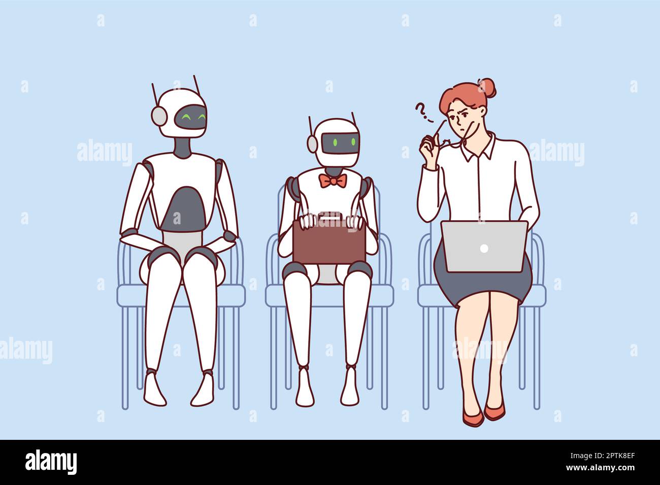 Confused woman sit on chair in line with robots waiting for interview. Frustrated female ...