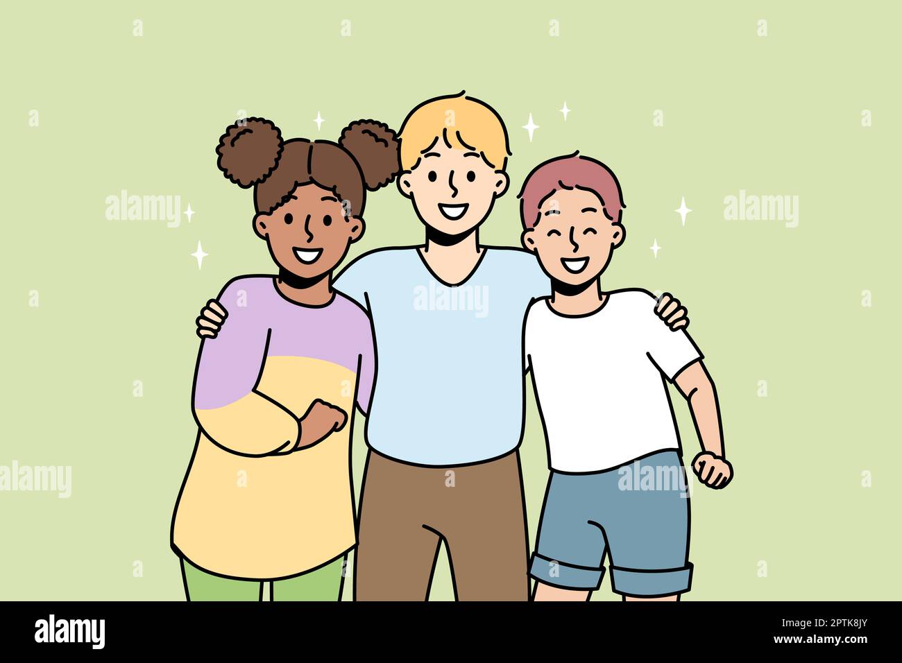 Multiracial boys, girl hug, smile. Children friends of different ...