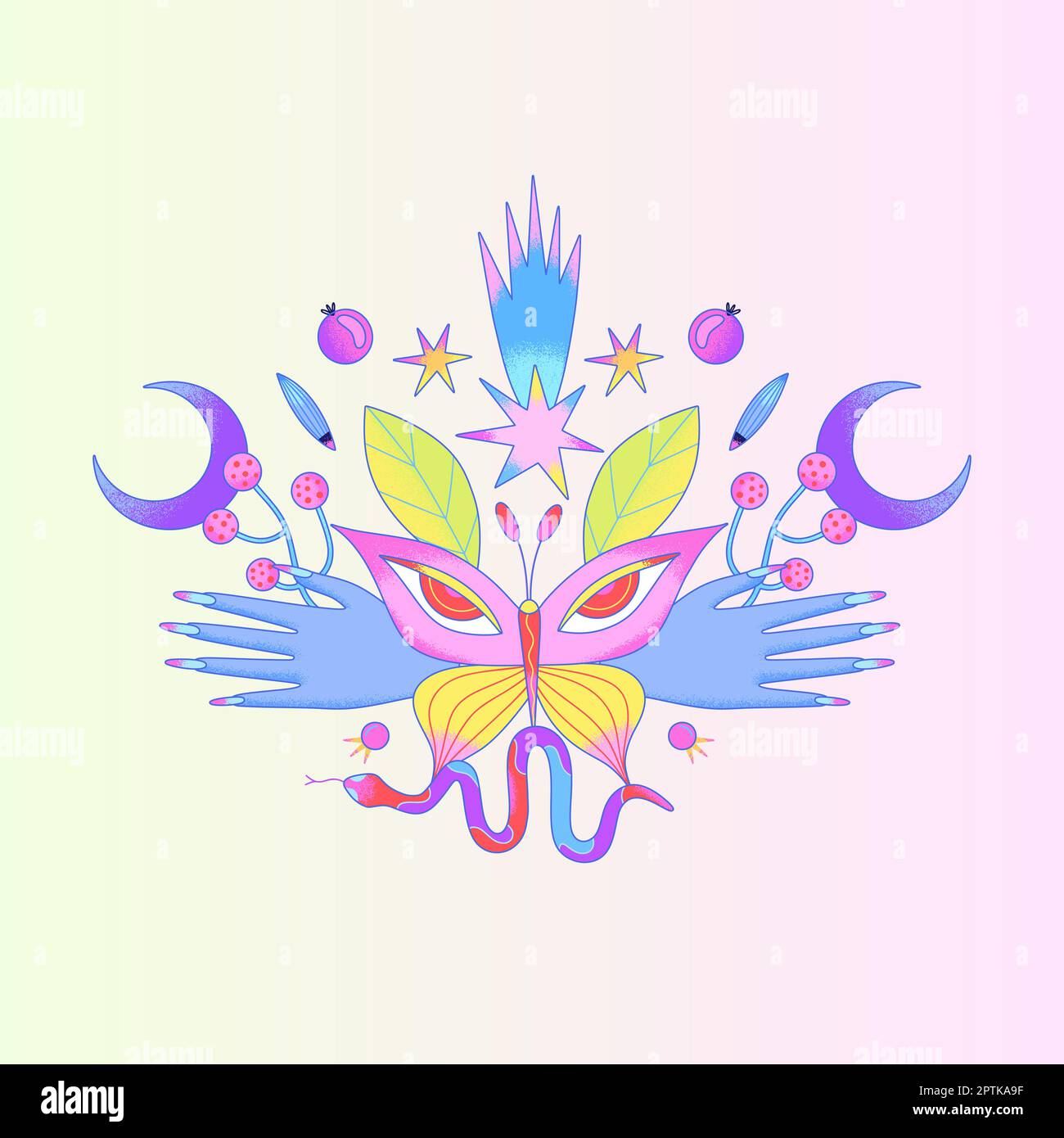 Psychedelic surreal illustration. Big butterfly with eyes, hands, stars ...
