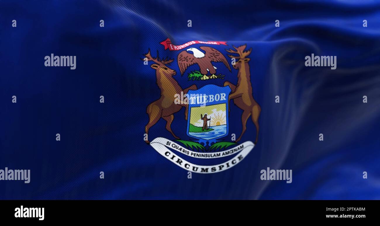 Close up view of the Michigan state flag waving. Michigan Michigan is a ...