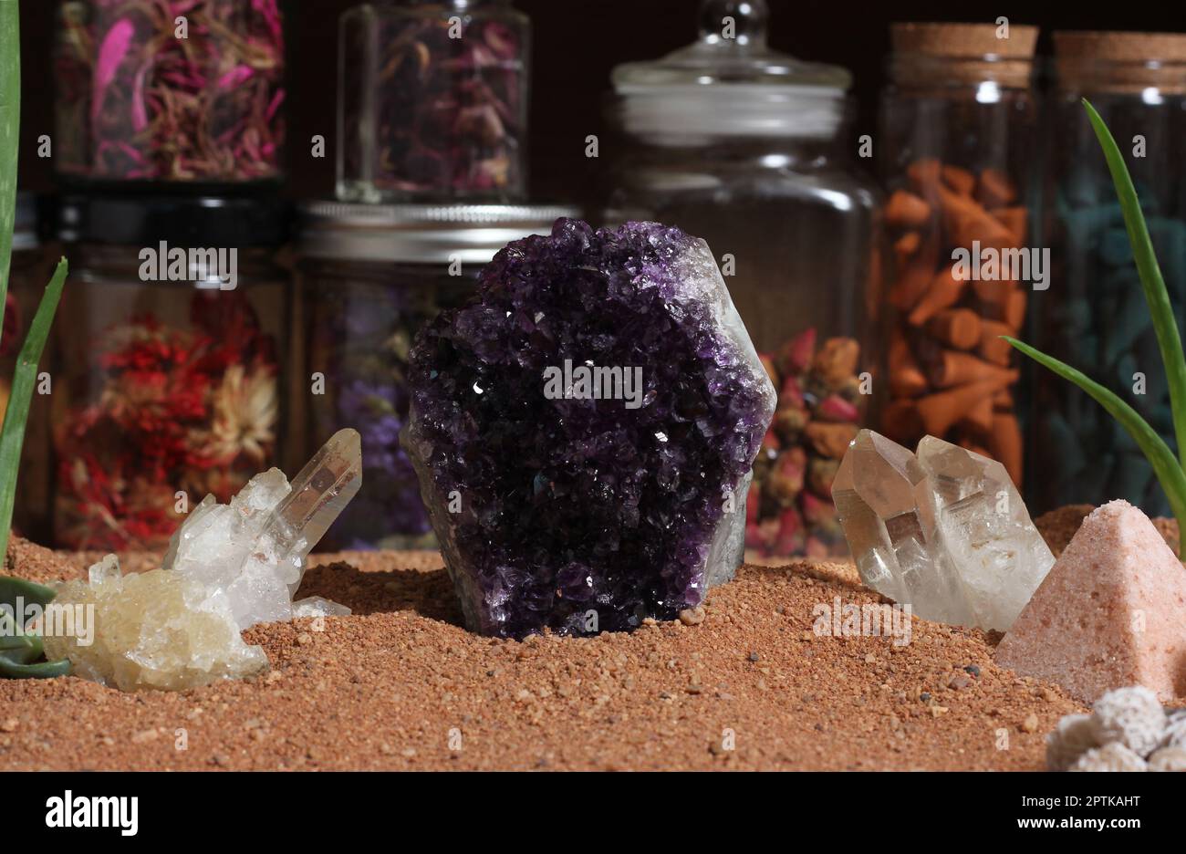 Amethyst Stone and Quartz Crystals on Australian Red Sand Meditation ...