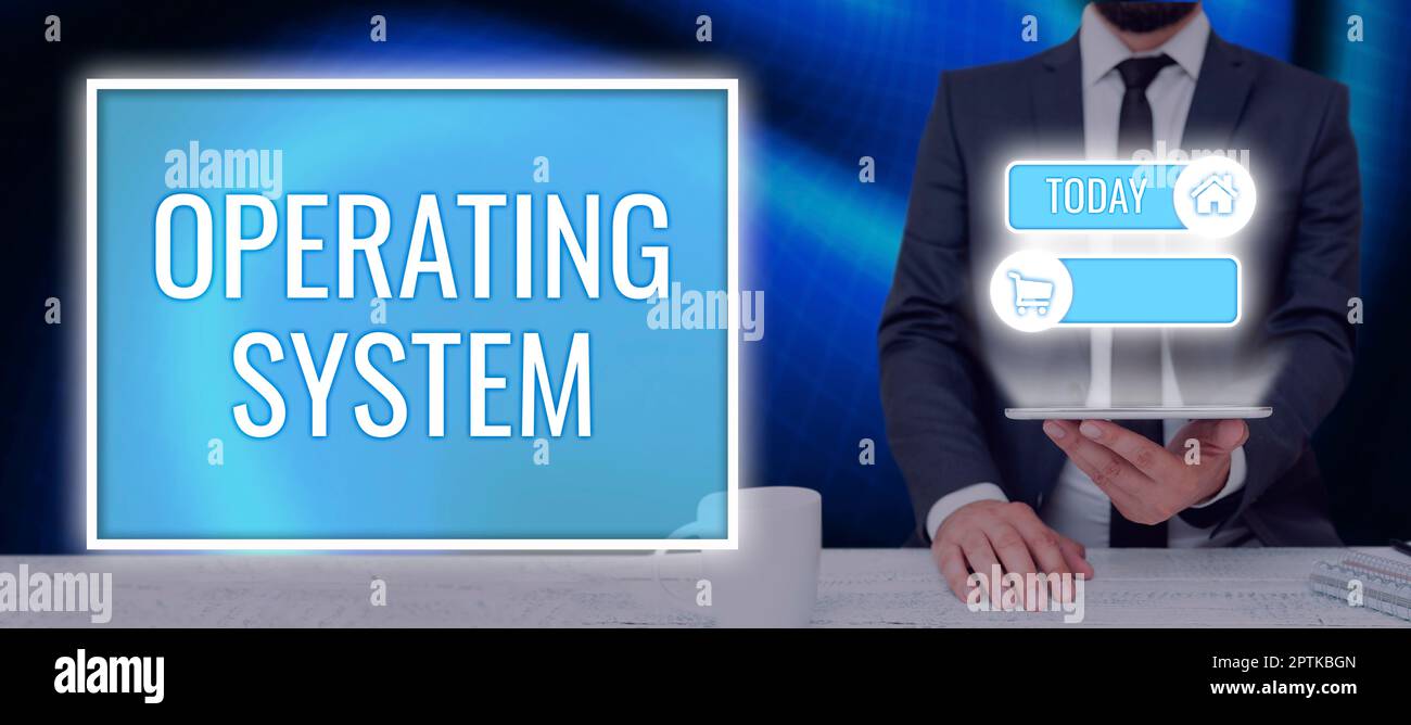 Conceptual caption Operating System, Word for software that supports a ...