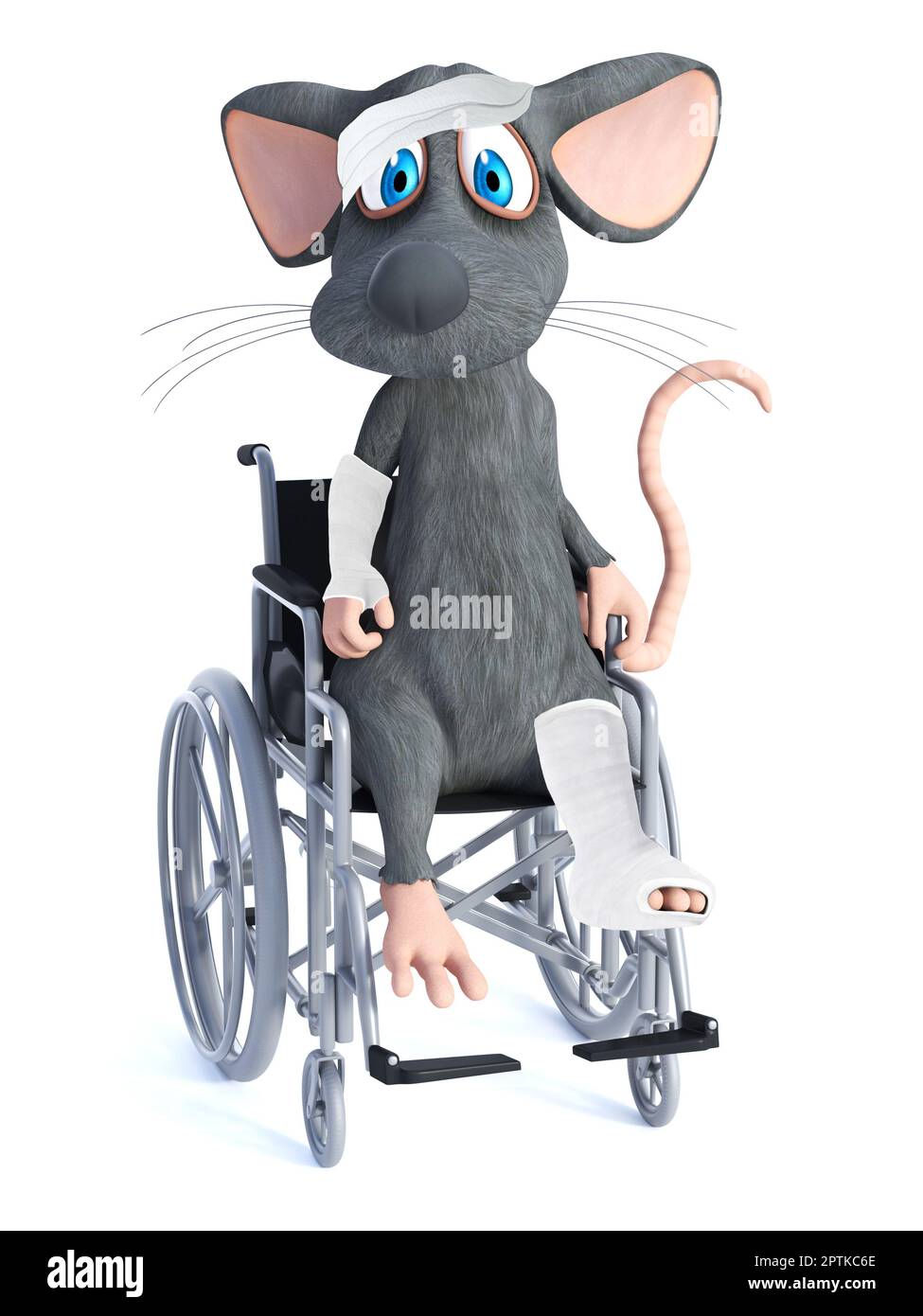 3D rendering of an injured cartoon mouse wearing a head bandage and ...