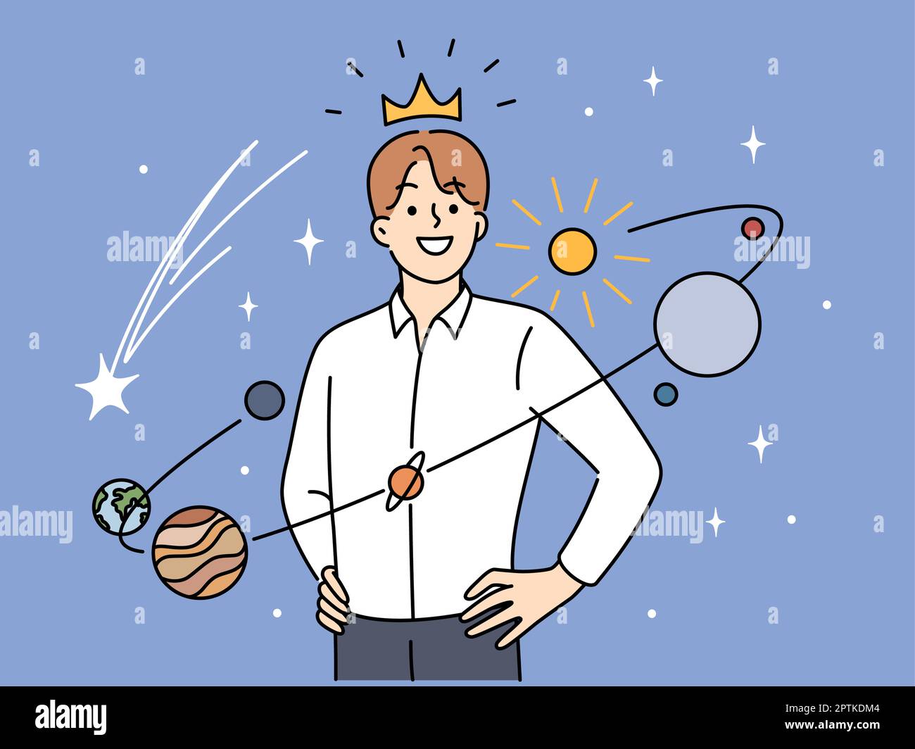Confident young man in crown stand in center of universe feeling ...