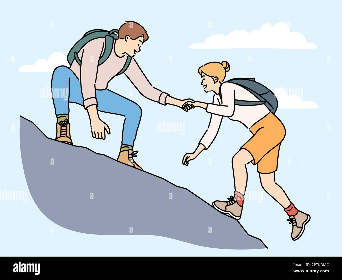 Man give hand to woman climbing together on mountain. Male hiker or ...