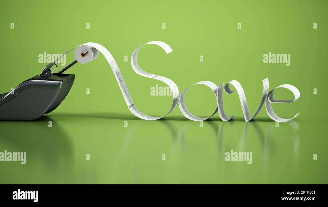 Save word forming from printing calculator receipts. 3D illustration ...