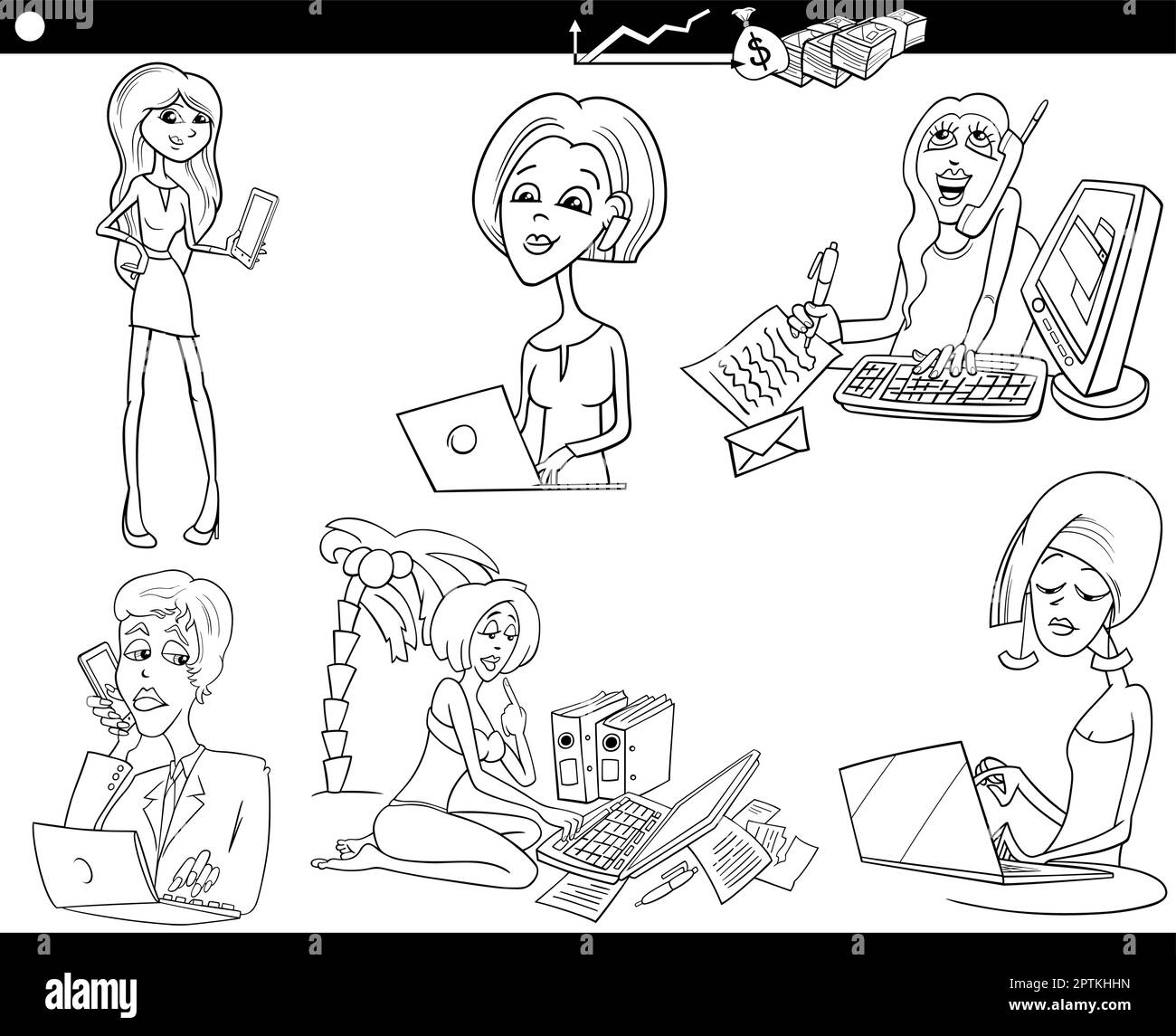 black and white cartoon businesswomen characters at work set Stock ...
