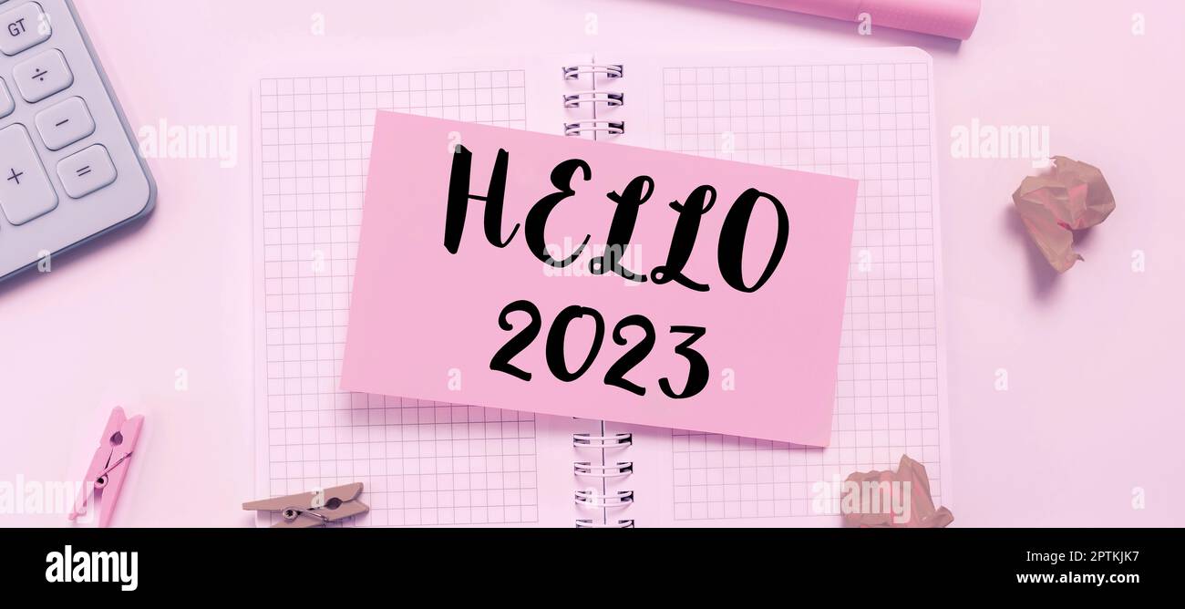 Hand writing sign Hello 2023, Business showcase celebration of the ...