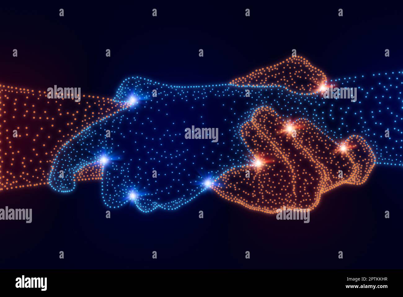 Abstract point glowing particles of shaking hands on dark background ...