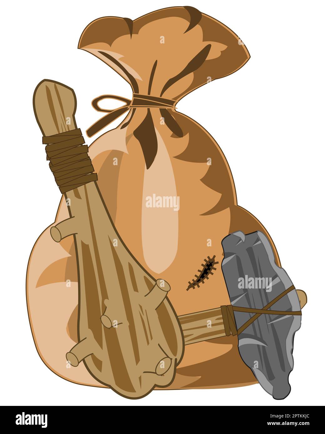 Tied bag and ancient instruments bat and stone gavel Stock Photo - Alamy