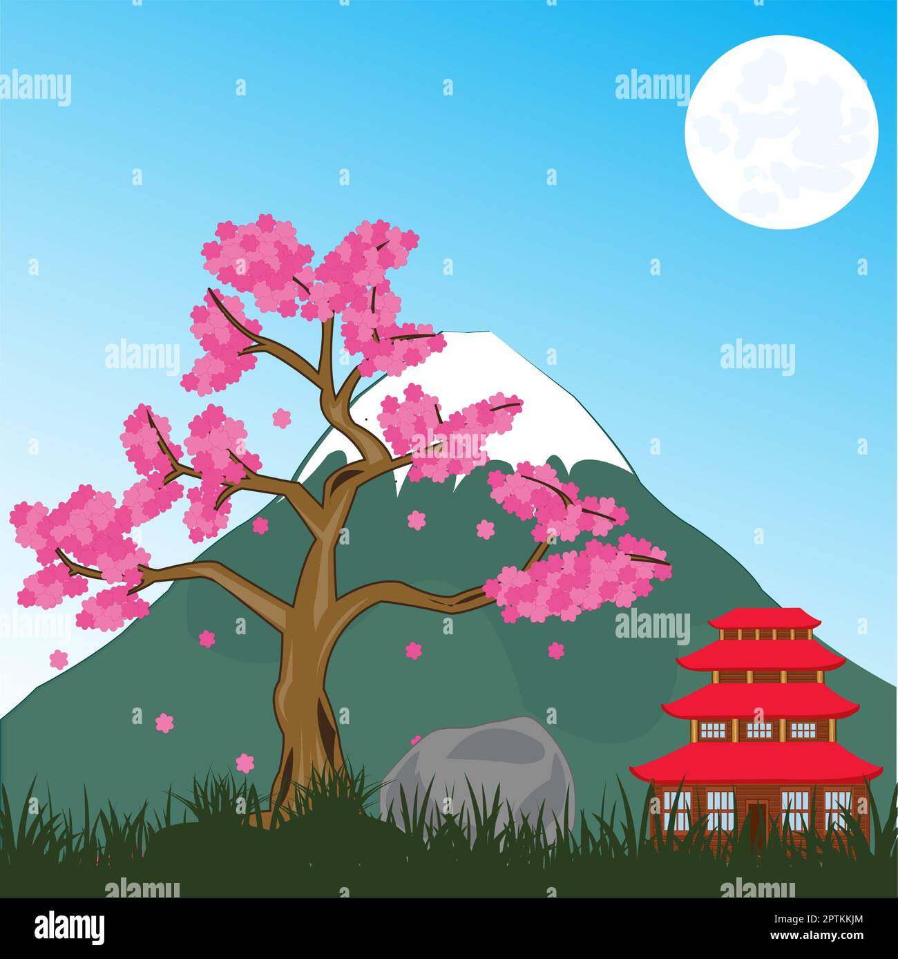 Tree sakura on background of the japanese building and vulcan Stock ...
