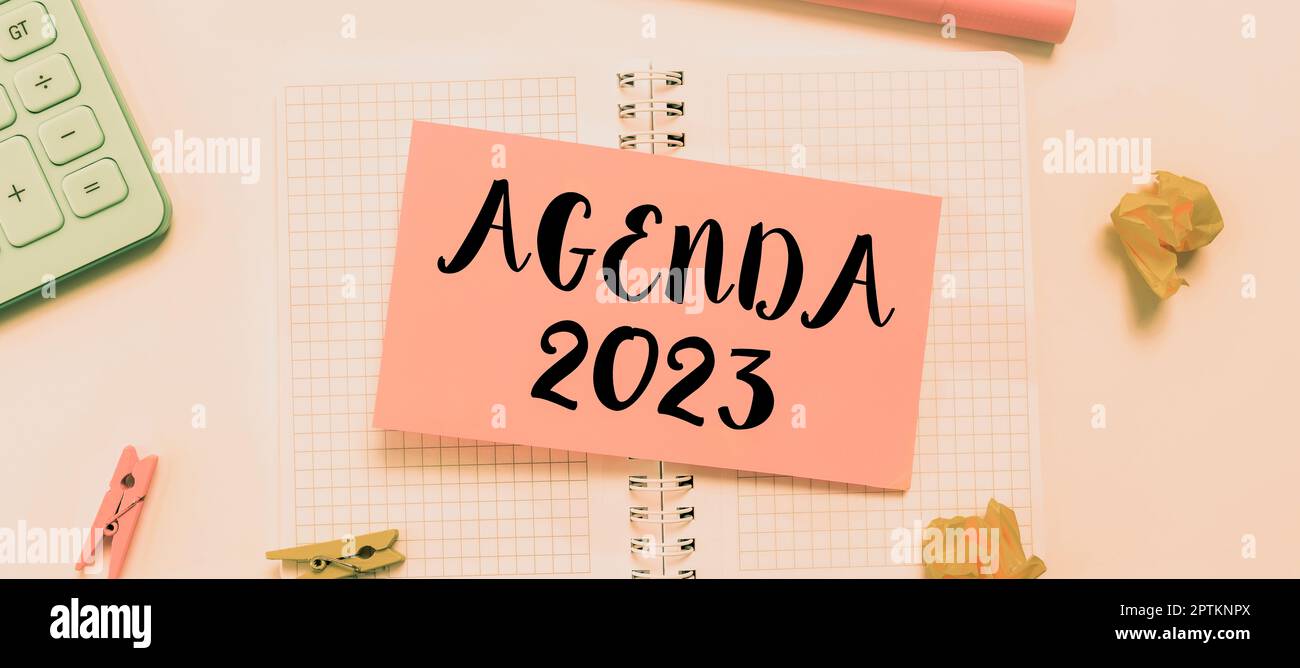 Text sign showing Agenda 2023, Word Written on list of activities in ...