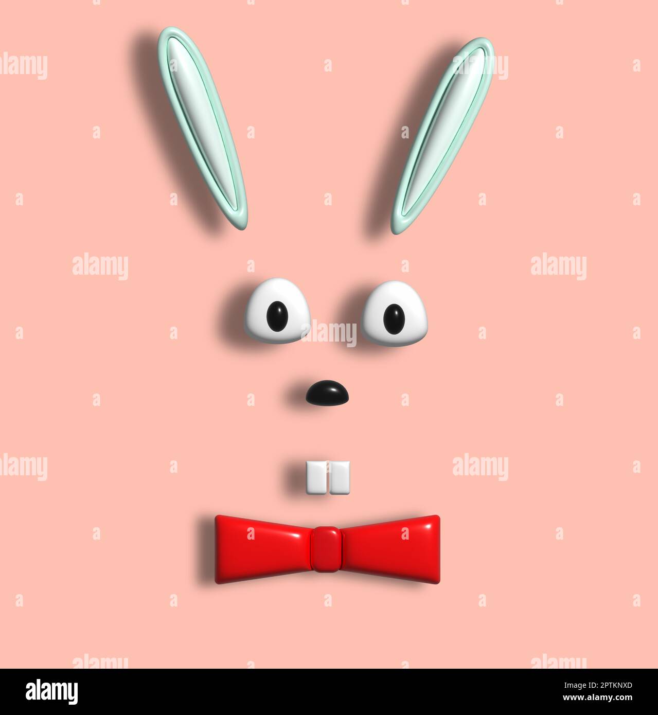 The face of a cute rabbit with ears and teeth, a red bow tie on a beige ...