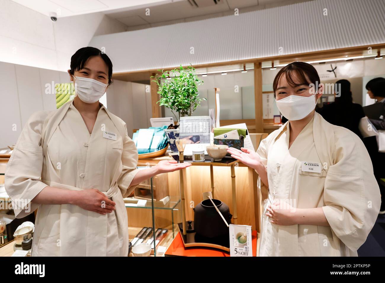 Tokyo, Japan. 26th Apr, 2023. Members of staff pose for a picture at a green tea Matcha latte ...