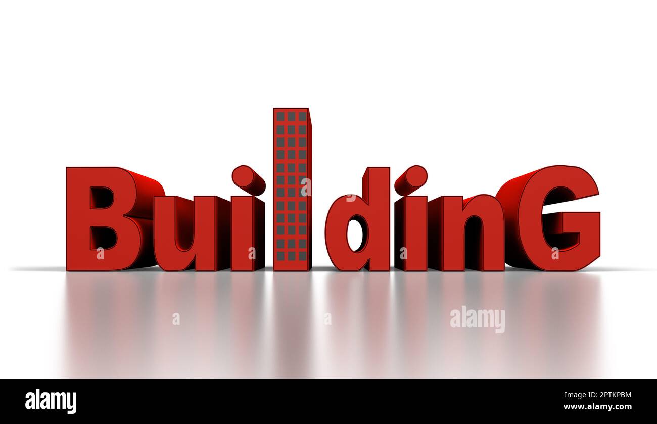Red building text, 3d render Stock Photo - Alamy