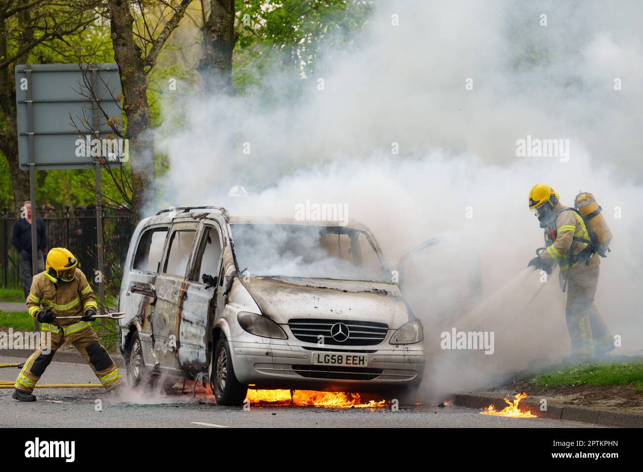 Liverpool, UK, 27th April 2023. Menbers of the fire service extinguish ...