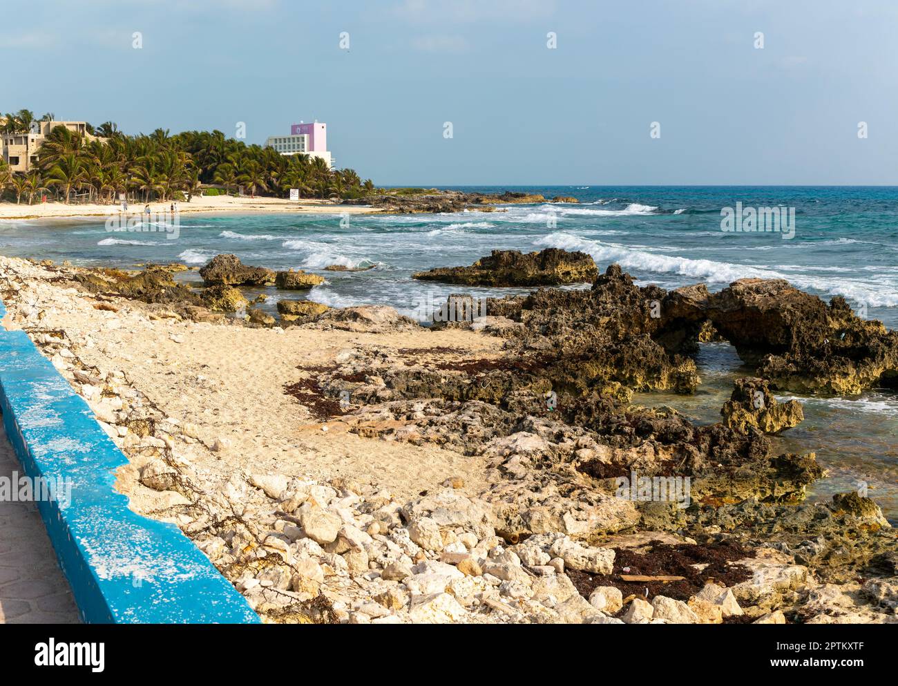 Rocky coastline and sea, north east coast of Isla Mujeres, Caribbean ...