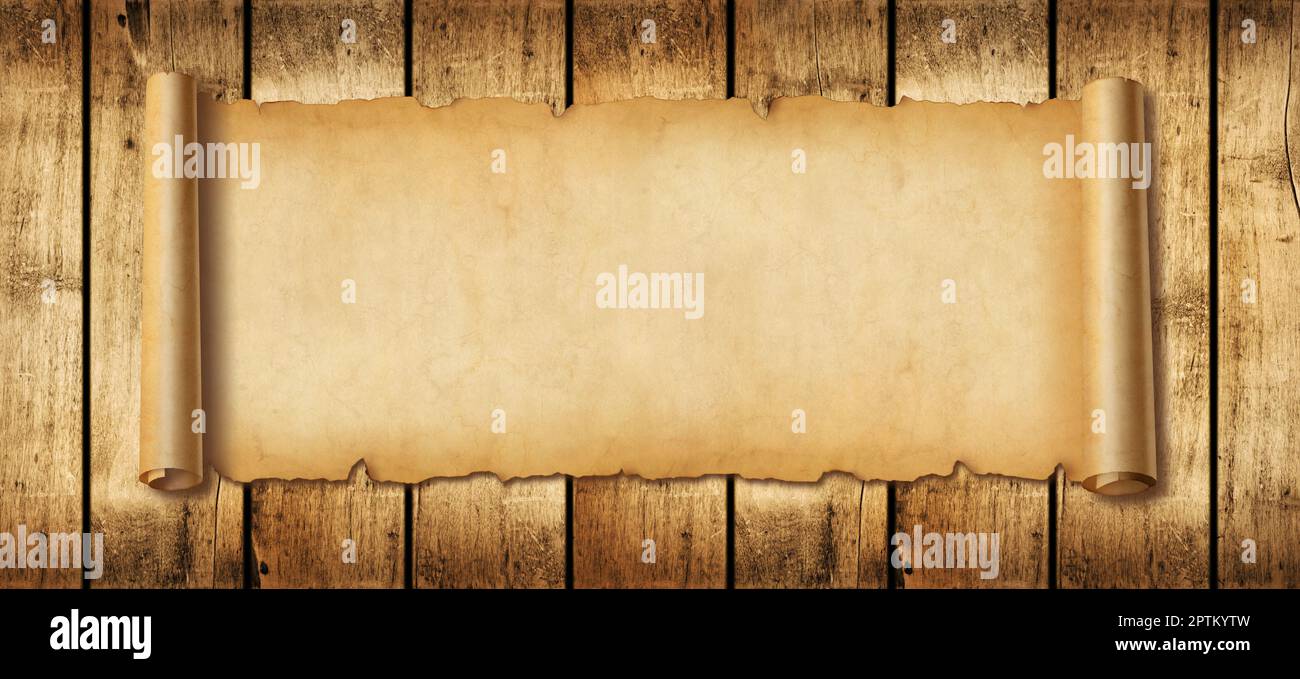 Old paper horizontal banner. Parchment scroll on a wood board ...