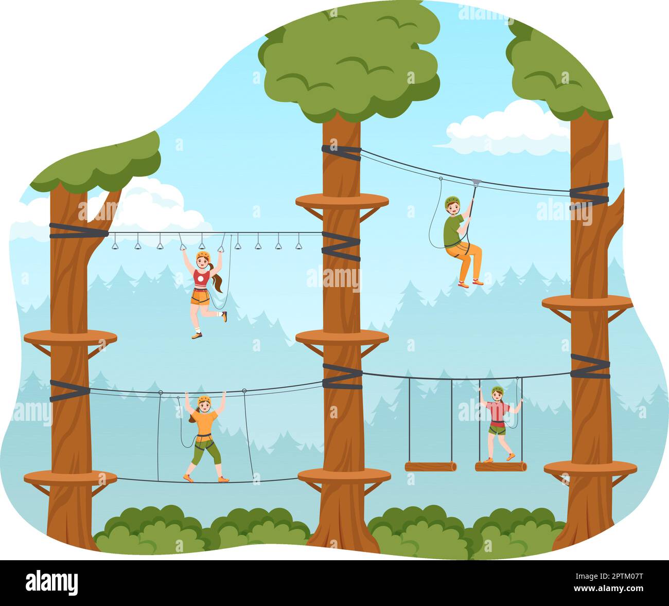 Zip Line Illustration with Visitors Walking on an Obstacle Course and ...