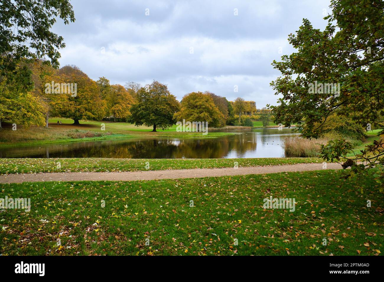 Frederiksborg Castle Park in autumn with mighty deciduous trees on the garden meadows and ...