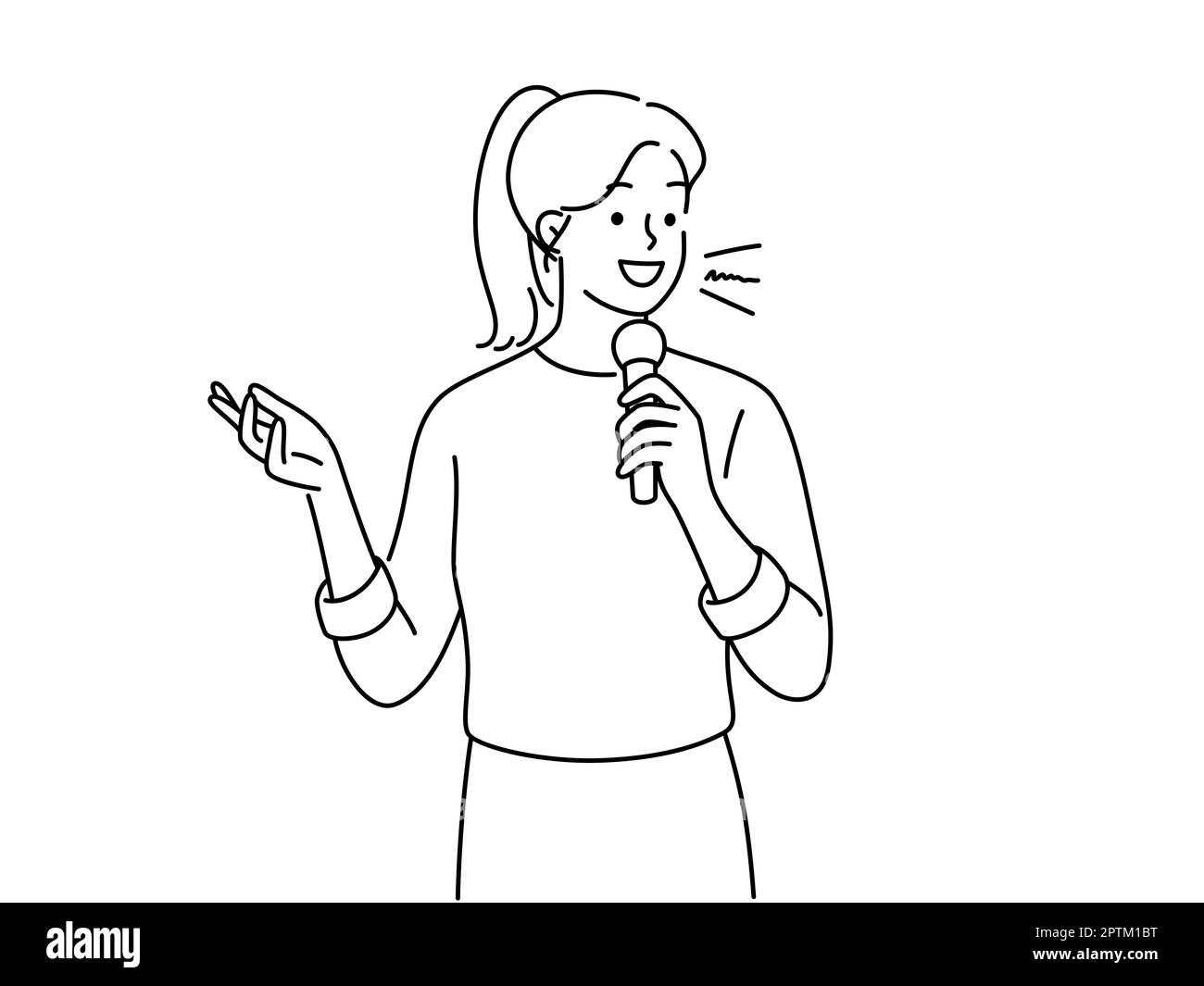 Young woman with microphone performing on stage. Smiling female hold mic speak in front of ...