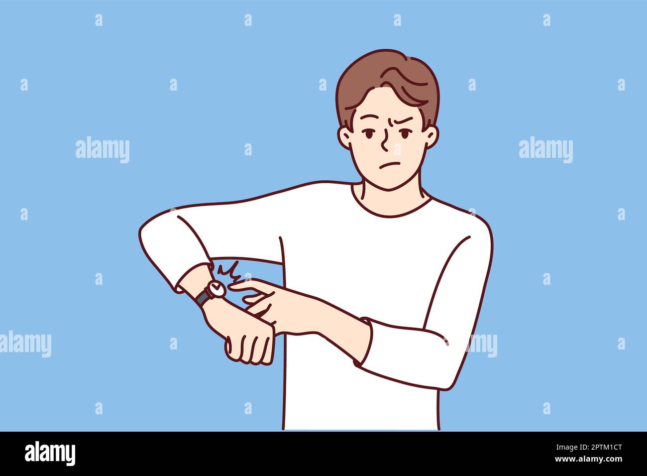 Angry young man point at wristwatch warn about deadline. Mad male ...