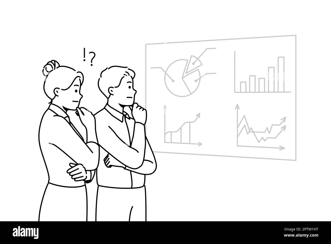 Pensive businesspeople look at board brainstorming on financial ideas ...