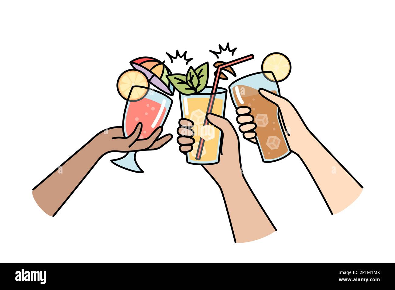 Hands of multiracial people clink glasses with different drinks. Chin ...