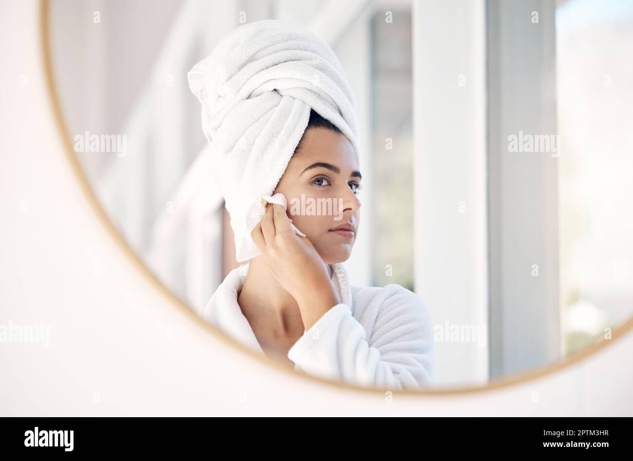 Mirror, skincare woman in bathroom for cleaning, facial and skin ...