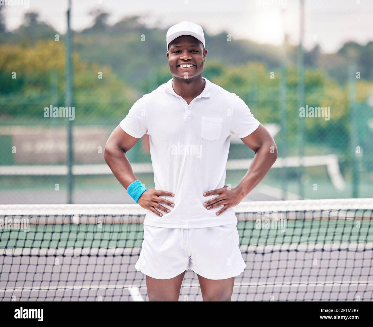 Fitness, tennis and portrait of a black man on the court ready for ...