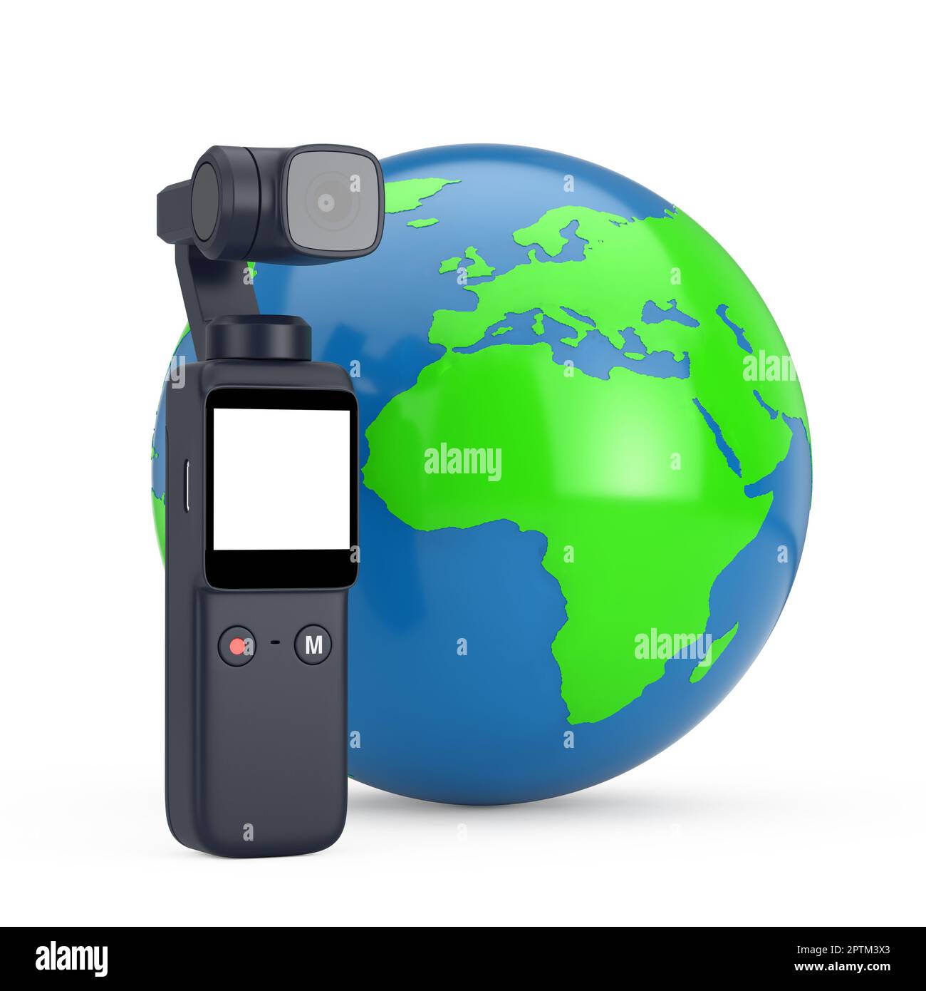 Pocket Handheld Gimbal Action Camera with Earth Globe on a white ...