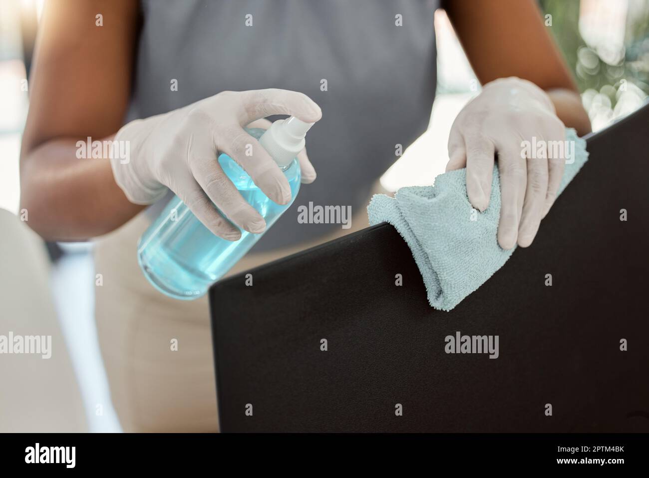 Hands cleaning, sanitizer and chair in office for hygiene, safety and ...