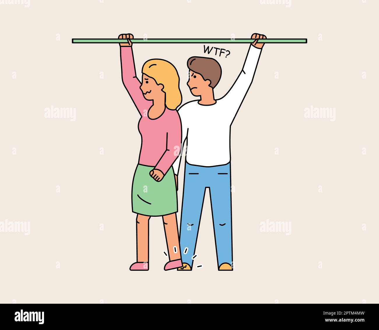 Young woman stepping on a man shoe foot in public transport. Conflict ...