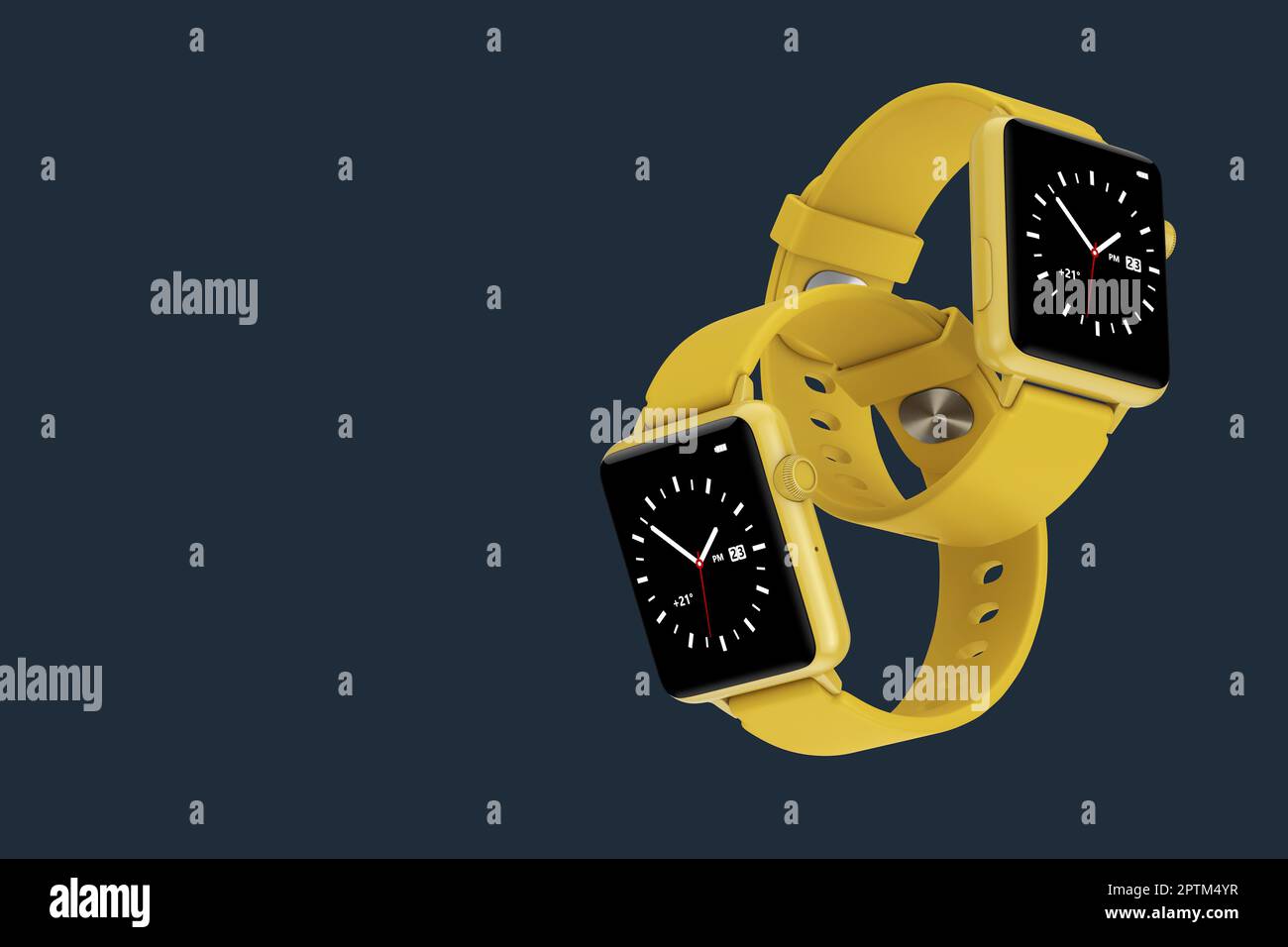 Yellow Modern Smart Watch Mockups Connected Together on a dark blue ...