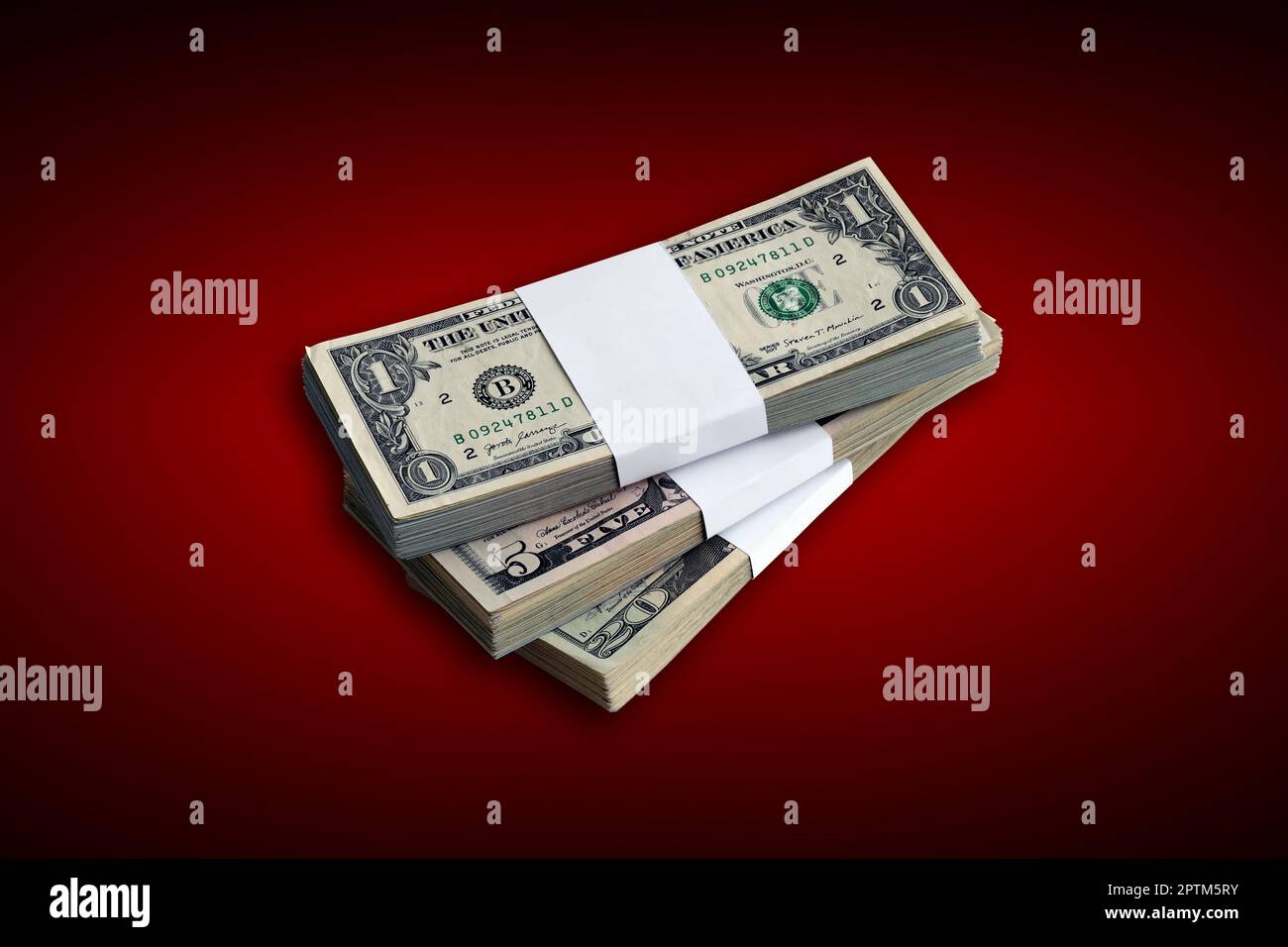 Bundle of US dollar bills on crimson red background. Pack of american ...