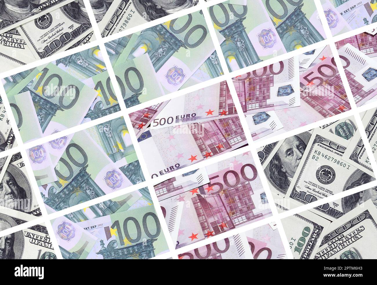 A collage of many images of euro banknotes in denominations of 100 and ...