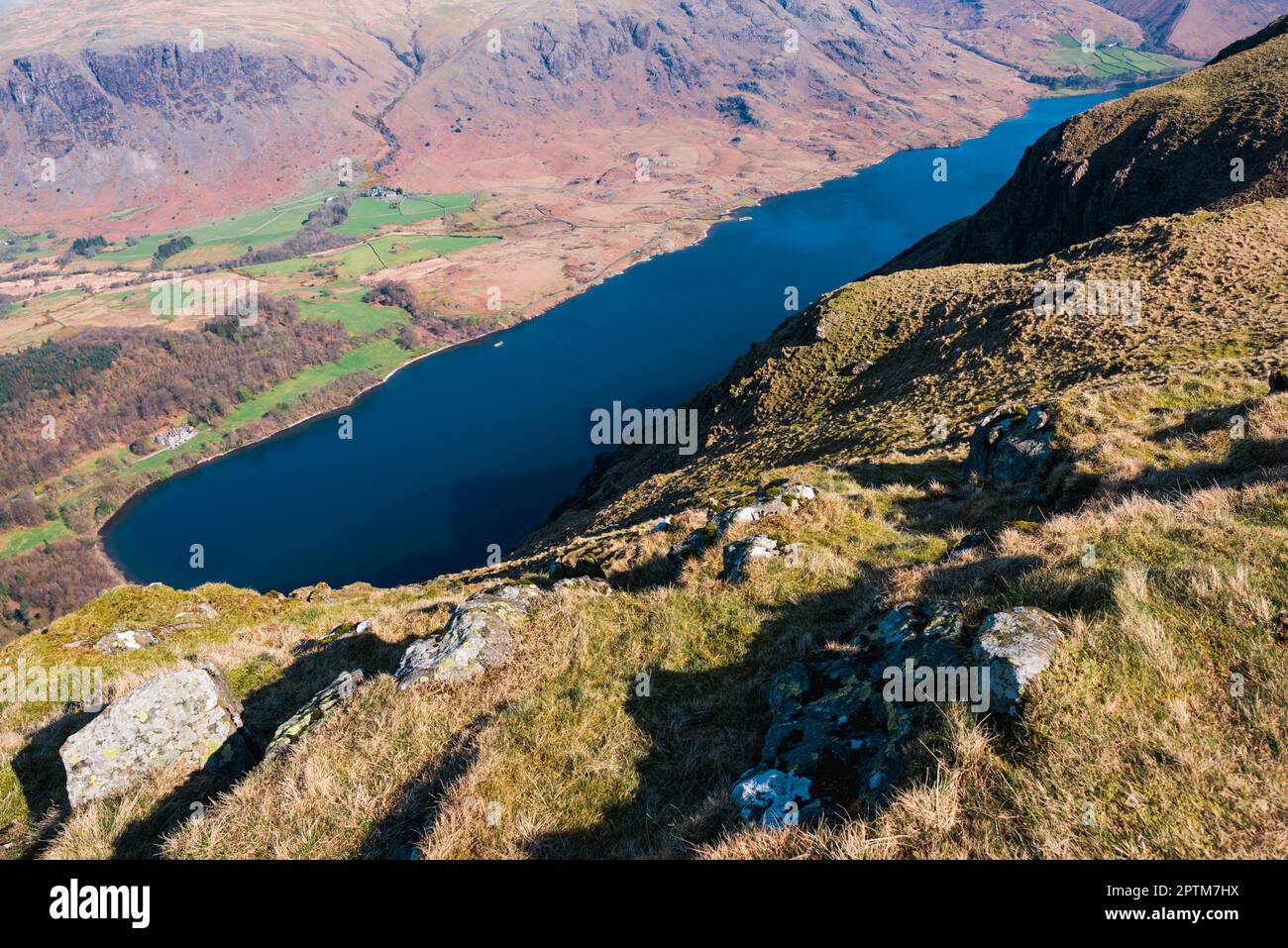 High angle view of Wastwater, lake and screes, taken from above the ...