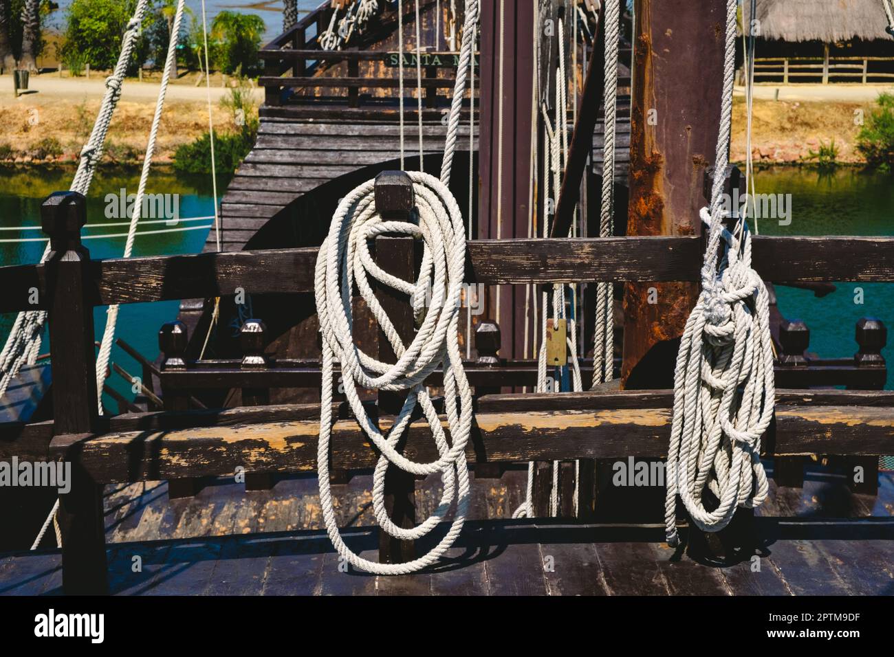 Ropes and rigging of an old caravel, ship of medieval explorers Stock ...