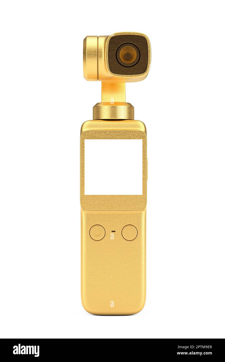 Golden Pocket Handheld Gimbal Action Camera on a white background. 3d ...