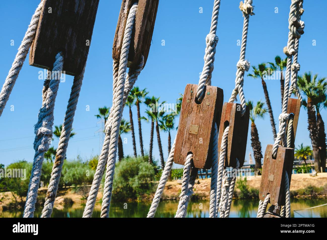 Ropes and rigging of an old caravel, ship of medieval explorers Stock ...