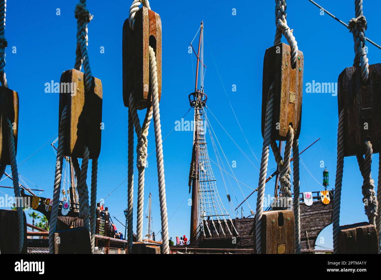 Ropes and rigging of an old caravel, ship of medieval explorers Stock ...