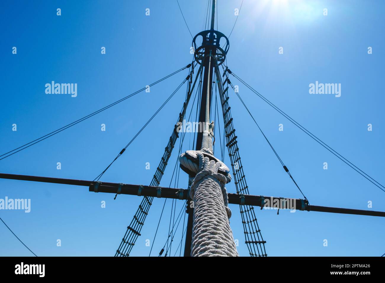 Ropes and rigging of an old caravel, ship of medieval explorers Stock ...