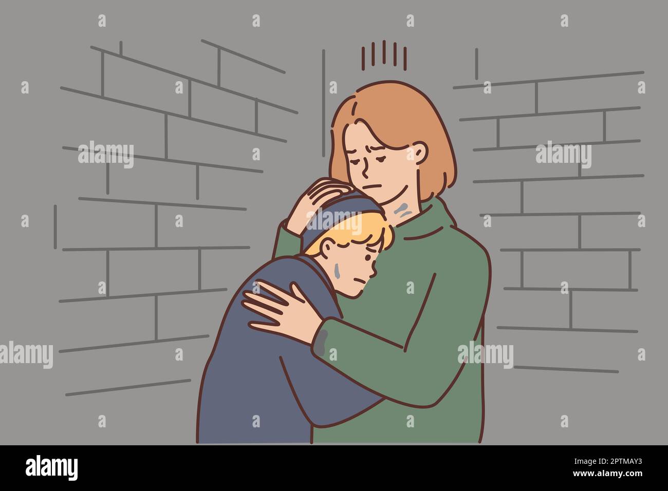 Unhappy mother hug crying child hiding in cellar. Stressed upset mom ...