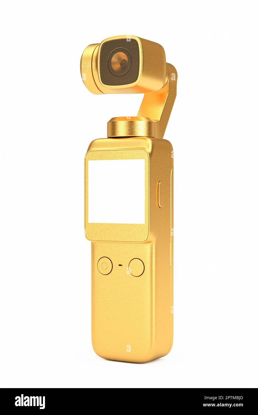 Golden Pocket Handheld Gimbal Action Camera on a white background. 3d ...